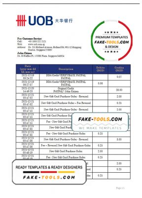 Singapore UOB bank statement template in Word and PDF format | fake tools