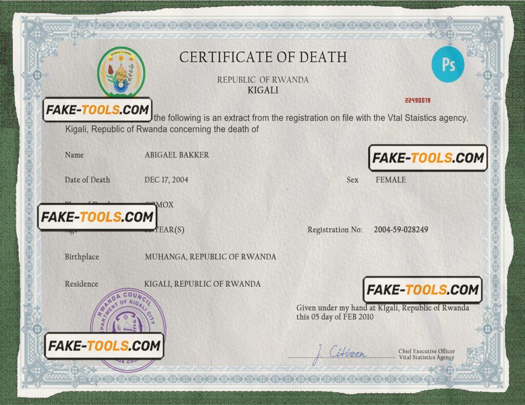 Rwanda vital record death certificate PSD template, fully editable ...